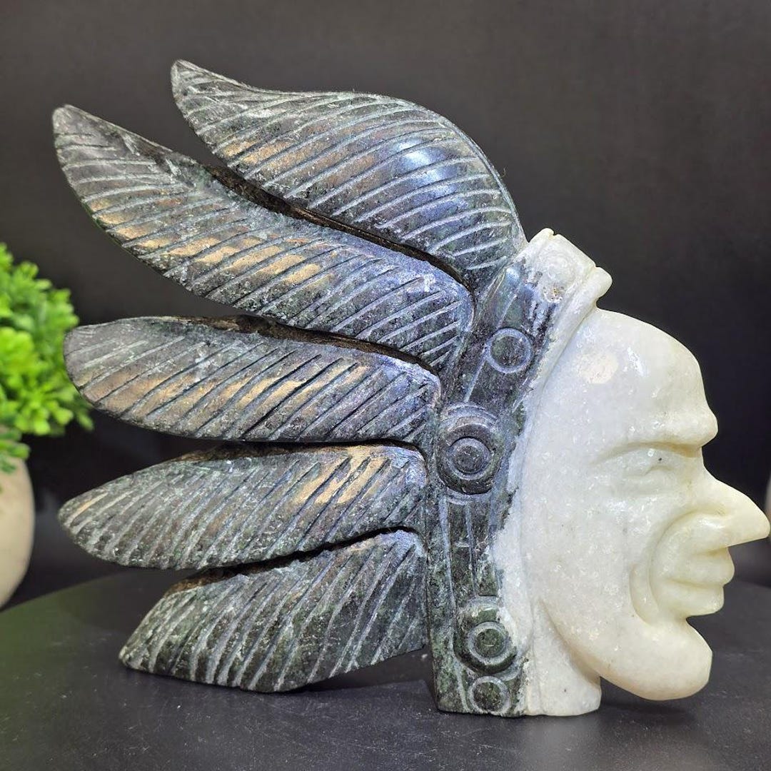 Native American White & Green Jade Carving – Intricate Headdress Design ...