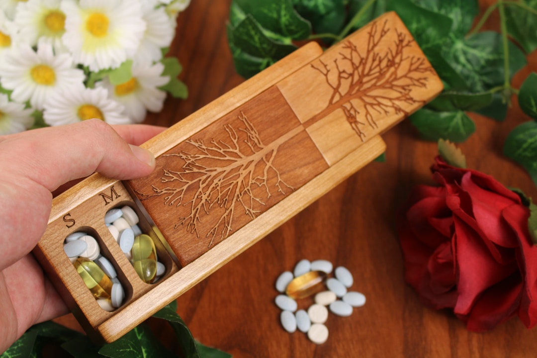 Tree of Life Vitamin Box, 7 Day Pill Box, Wooden Pill Box With Lacquer ...