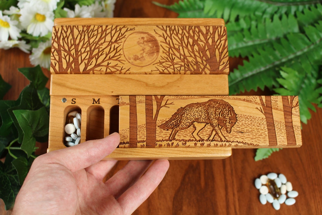 Large Wood Pill Organizer Halloween Wild Wolf AM PM, Witch Theme Pill ...