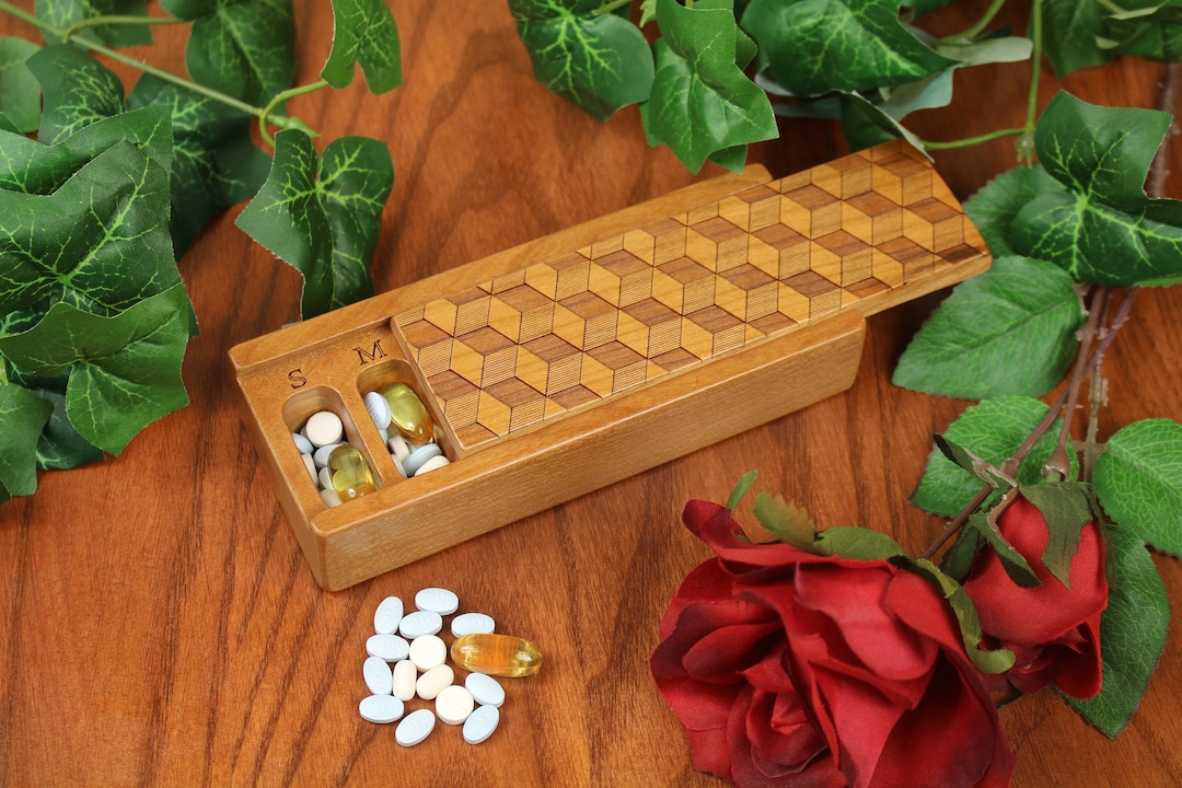 Geometric Wood Art Wood Pill Box in Cube Design, Laser Engraved Solid ...