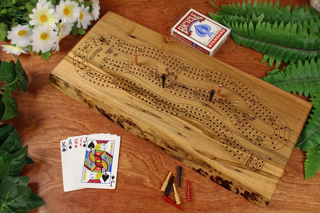 Wood Cribbage Board Unique Live Edge in Maple 9, Personalized 3 Player Cribbage Board 3 Track ...