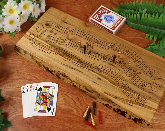 Wood Cribbage Board Unique Live Edge in Maple 9, Personalized 3 Player ...