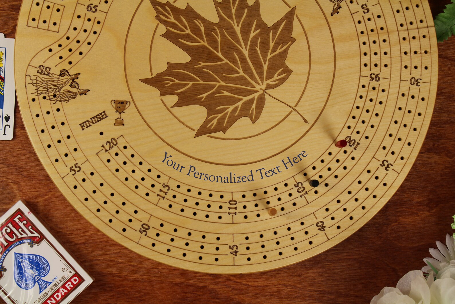 Cottage Cribbage Board Maple Leaf Design With Cribbage Pegs, Round ...