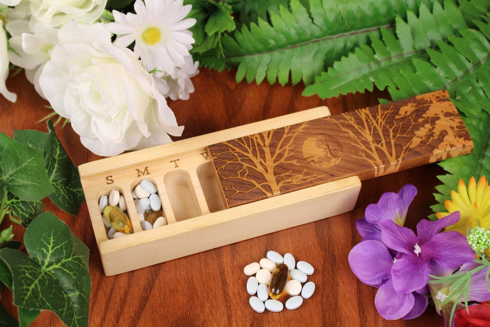 Forest With Moon 7 Day Pill Box Wooden Pill Box Lacquer & | Etsy