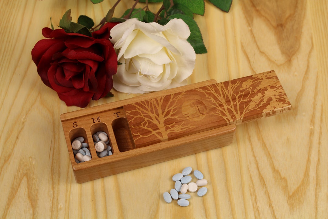 Forest With Moon 7 Day Pill Box, Wooden Pill Box, Lacquer & Oil Finish ...
