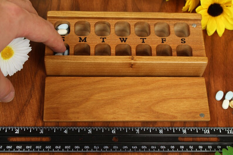 Sun and Moon Day/night Single Weekly Pill Box, Solid Cherry Hardwood ...