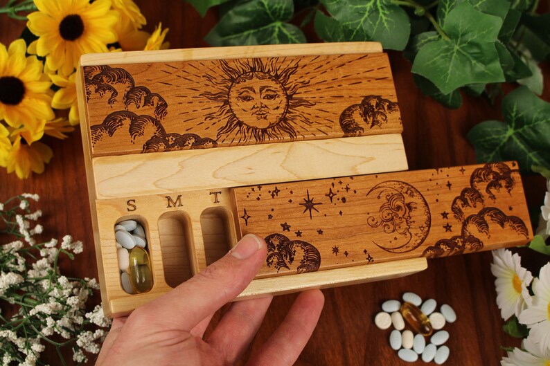 Day and Night Weekly Pill Box Cloudy Sun and Moon Pattern - Etsy