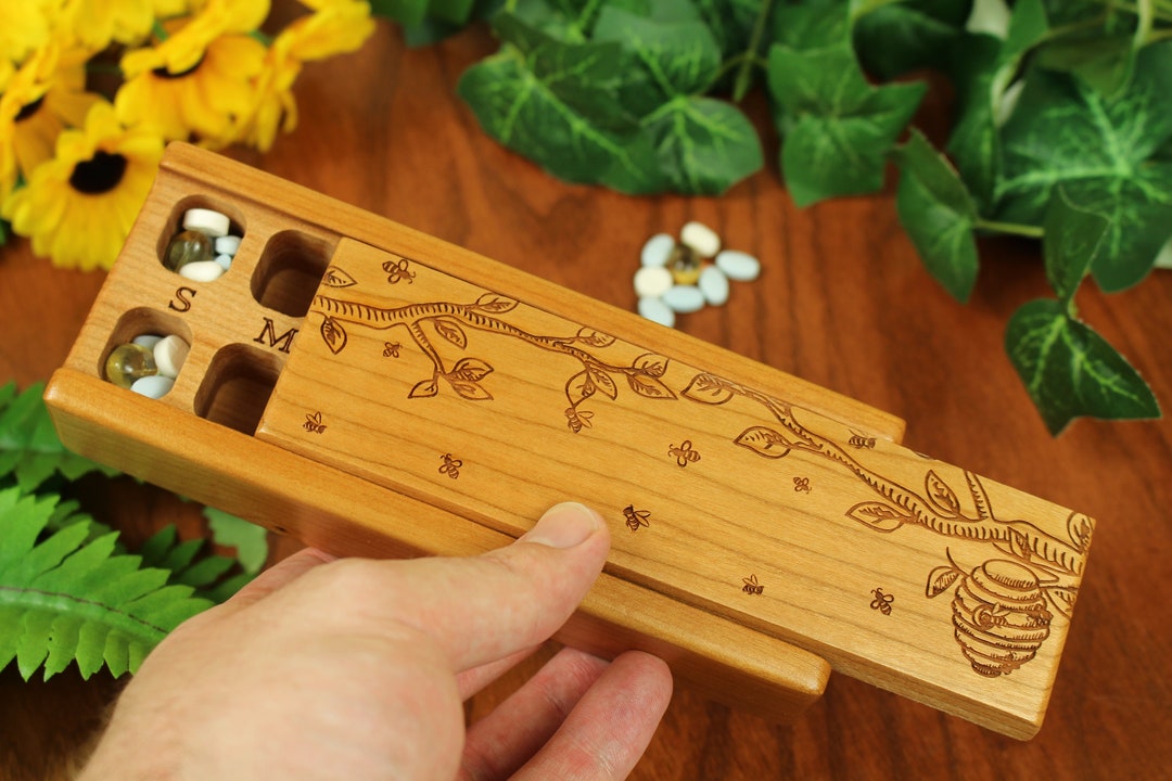 Beehive Day/night 7 Day Pill Box, Honey Bee Wooden Pill Box With Single ...