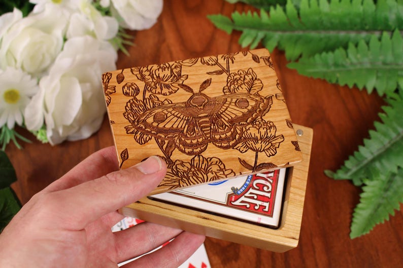 Wood Playing Card Holder, Cute Moth Engraved Wooden Playing Card ...