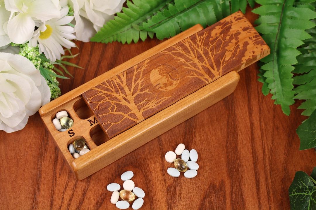 Forest With Moon Day/night Weekly Pill Box, Single Wood Pill Organizer ...