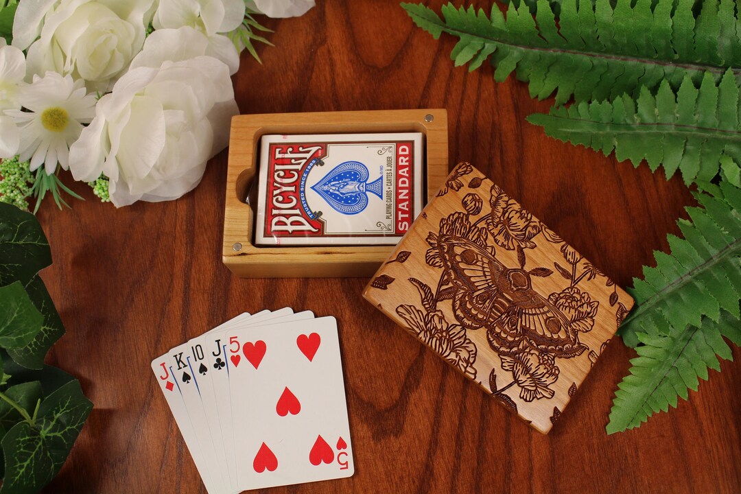 Wood Playing Card Holder, Cute Moth Engraved Wooden Playing Card ...