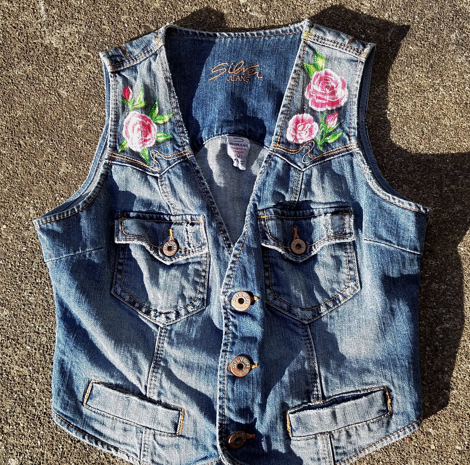 Hand-painted Denim Vest: "bovine Roses" Size Women M Silver Brand Denim ...
