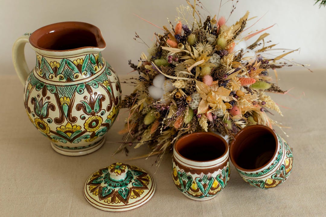 Handmade Pottery Set, Ceramic Pitcher With Two Goblets, Ukrainian Folk ...