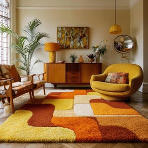 Retro Mid Century Shag Rug – 70s Geometric Orange Yellow Area Carpet ...