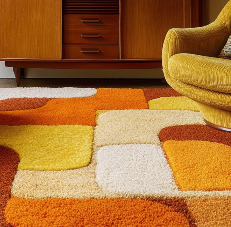 Retro Mid Century Shag Rug – 70s Geometric Orange Yellow Area Carpet ...