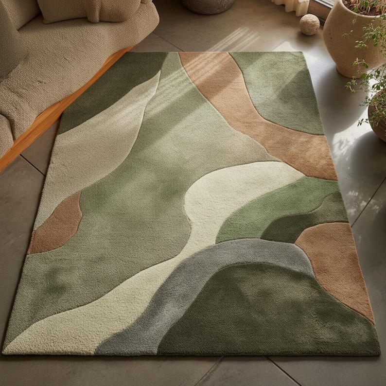 Abstract Sculpted Area Rug: Earth-tone Olive & Sage, High-low Texture ...