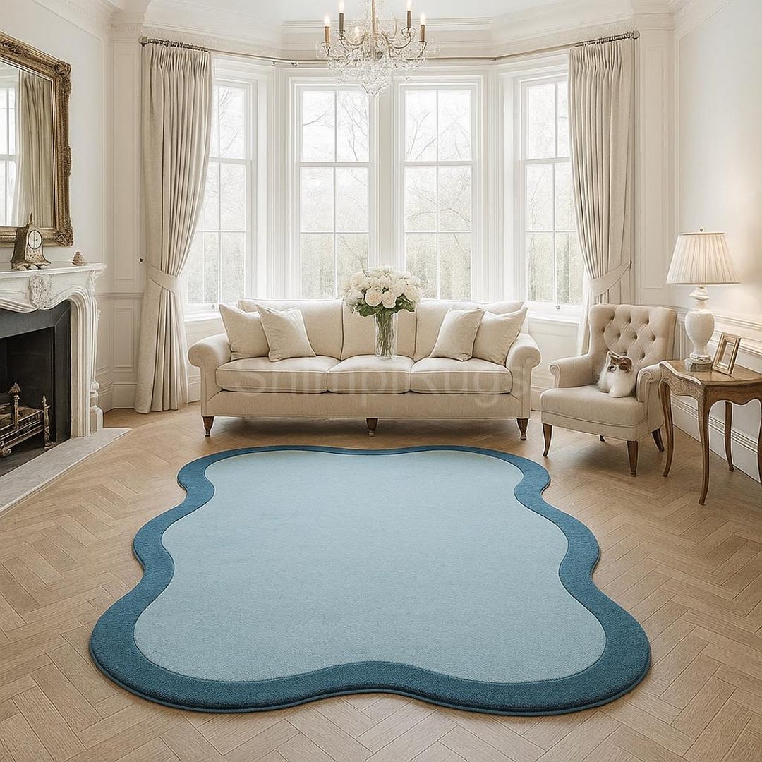 Modern Curvy Shape Blue Two-tone Rug Irregular Soft Wool Area Carpet ...