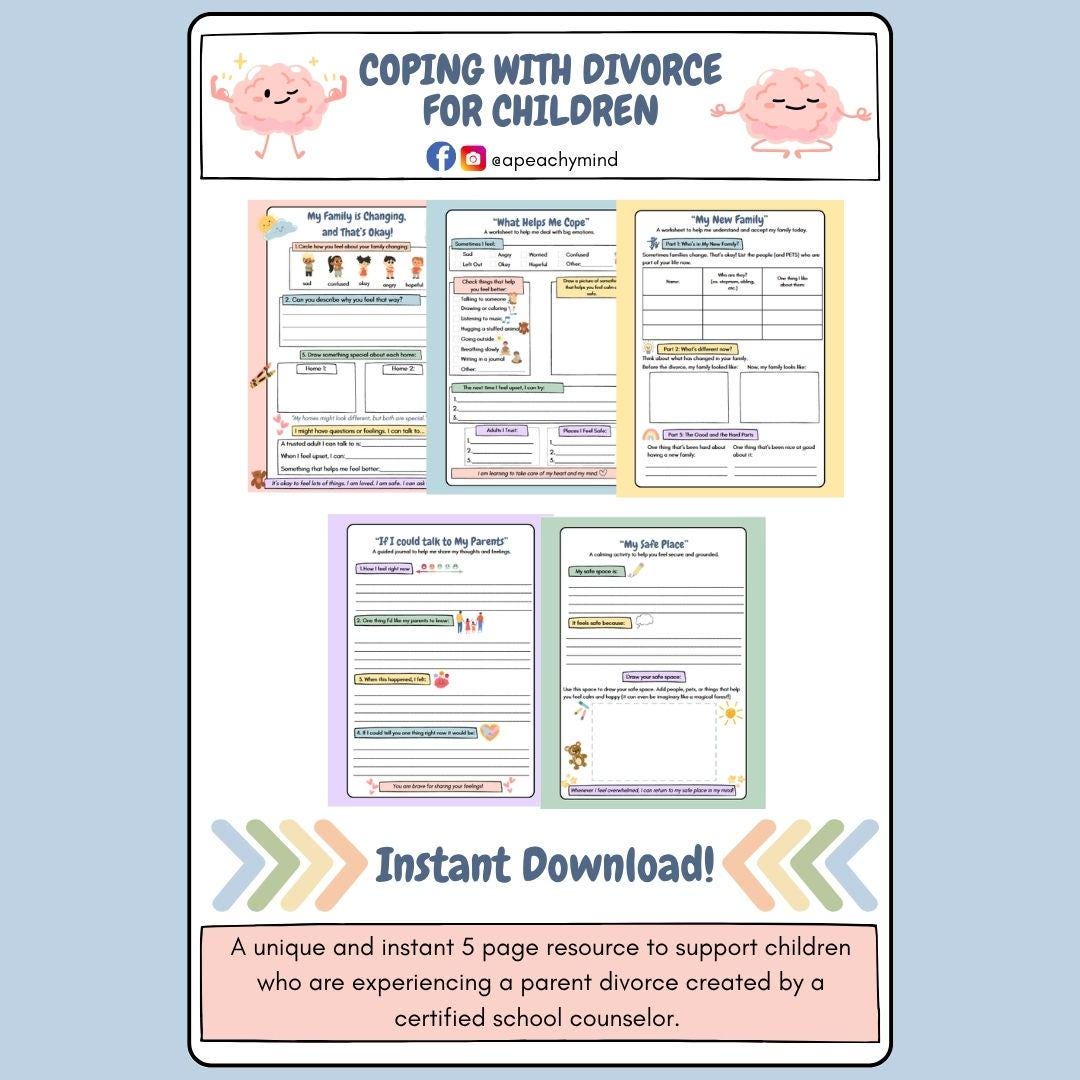 Divorce Worksheets for Kids- Printable Coping Journal, Family Change ...