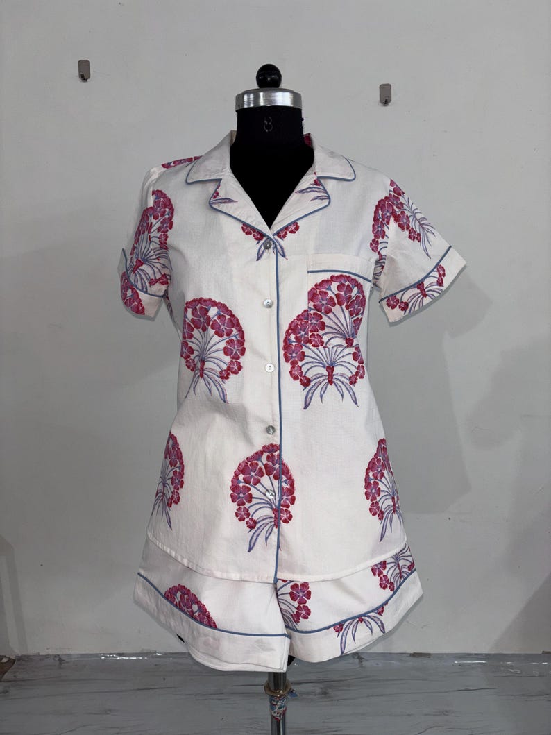 Hand Block Print Cotton Pajama Set, Button Down Sleepwear, Lined Shorts ...