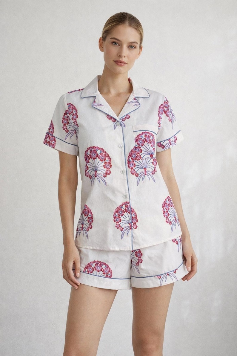 Hand Block Print Cotton Pajama Set, Button Down Sleepwear, Lined Shorts ...