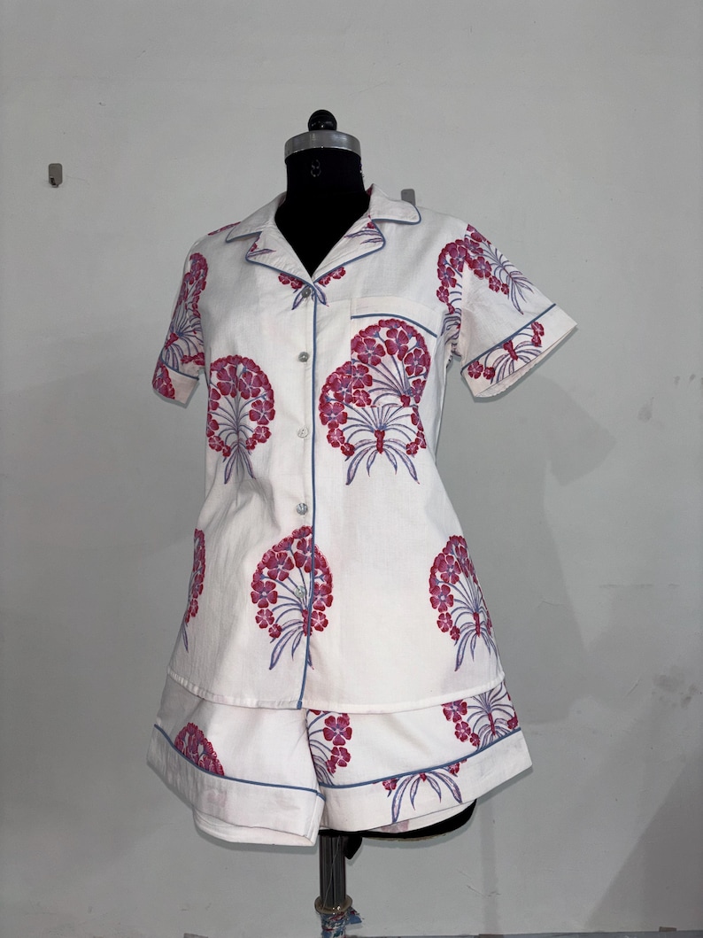Hand Block Print Cotton Pajama Set, Button Down Sleepwear, Lined Shorts ...