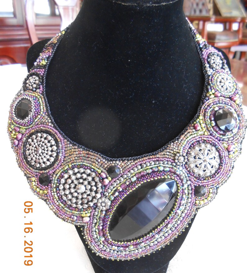 Beaded Black Glass and Antique Steel Buttons Collar - Etsy
