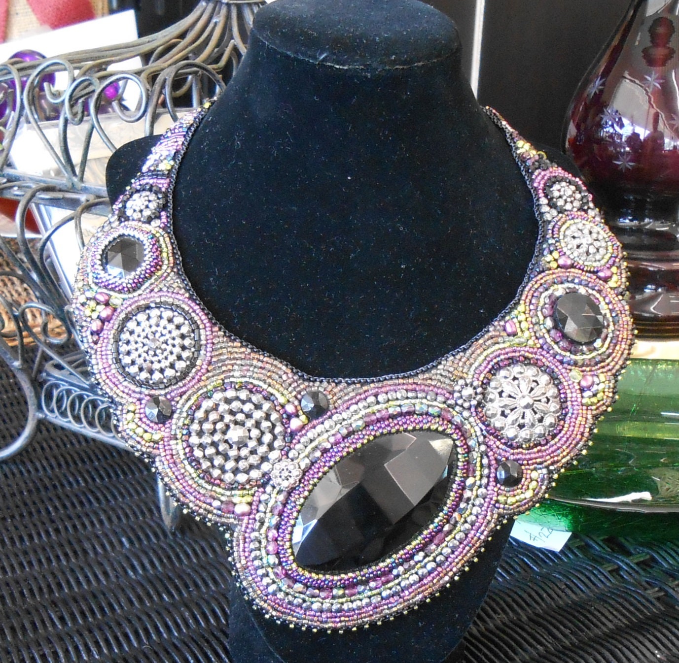 Beaded Black Glass and Antique Steel Buttons Collar - Etsy Canada