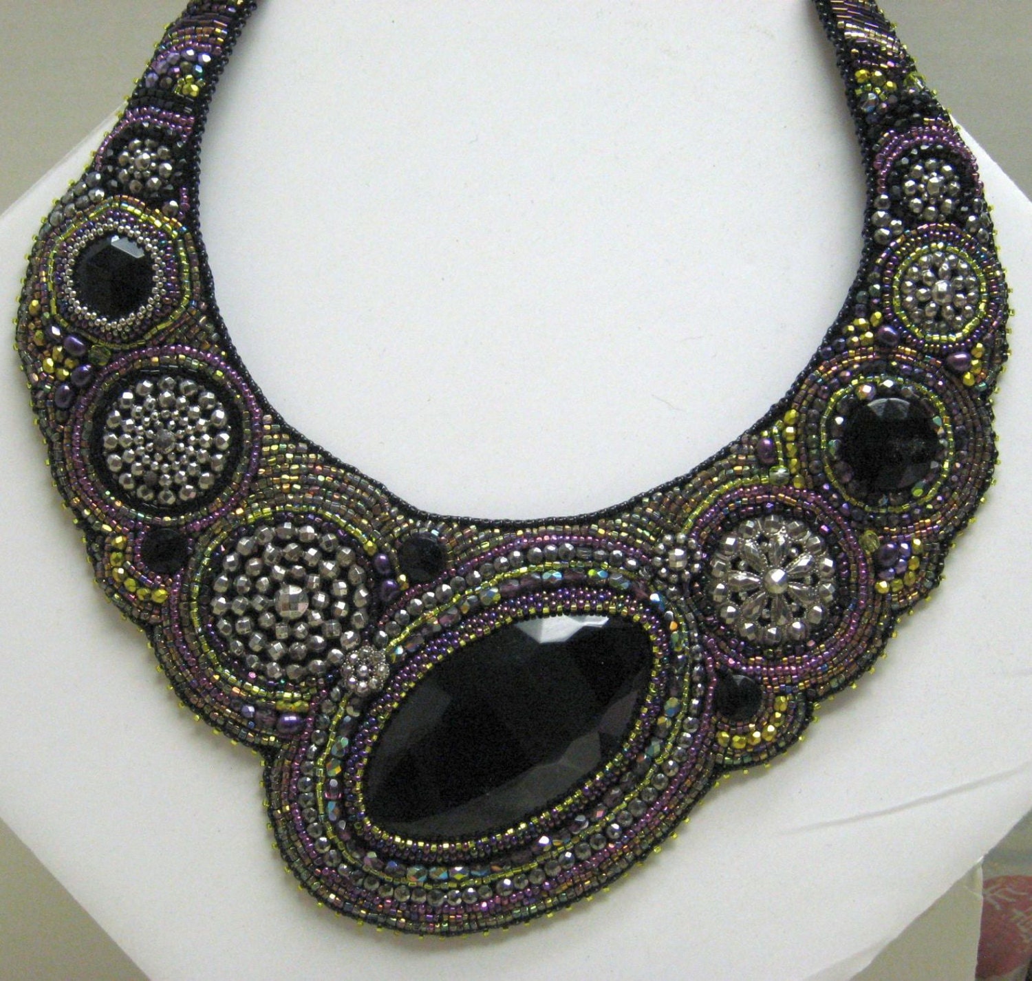Beaded Black Glass and Antique Steel Buttons Collar - Etsy Canada