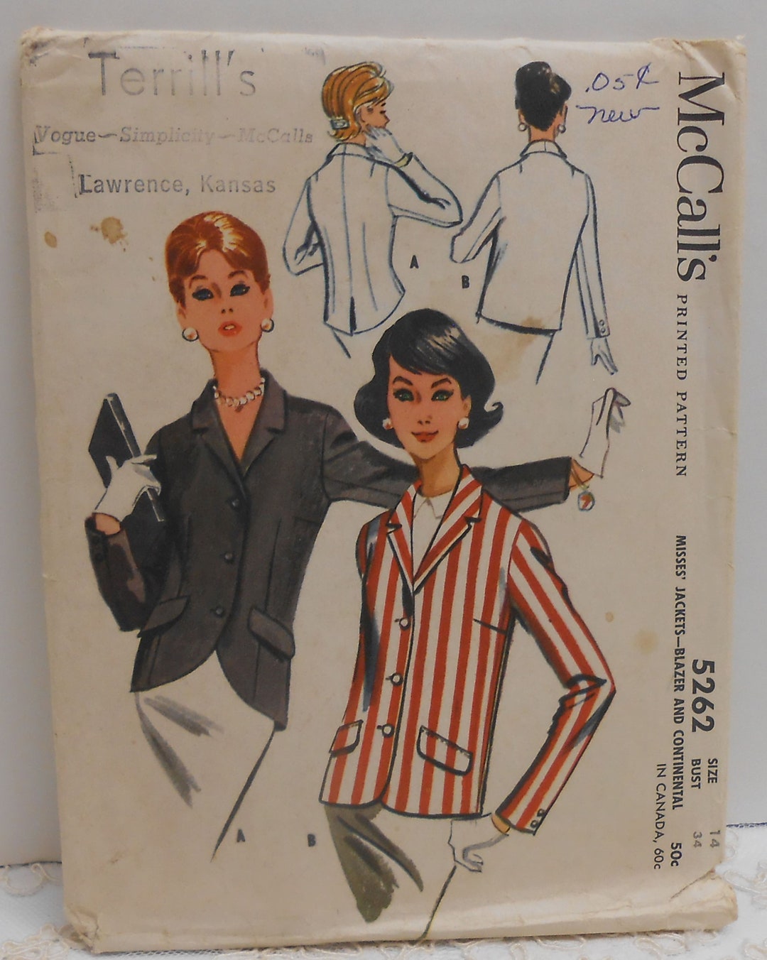 1950's Jacket Blazer, Mccall's Pattern #5262, Size 14, Bust 34 - UNCUT ...