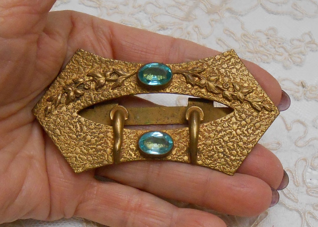 Antique Gold-tone Metal With Aqua Blue Stones Half Belt Buckle Wear ...