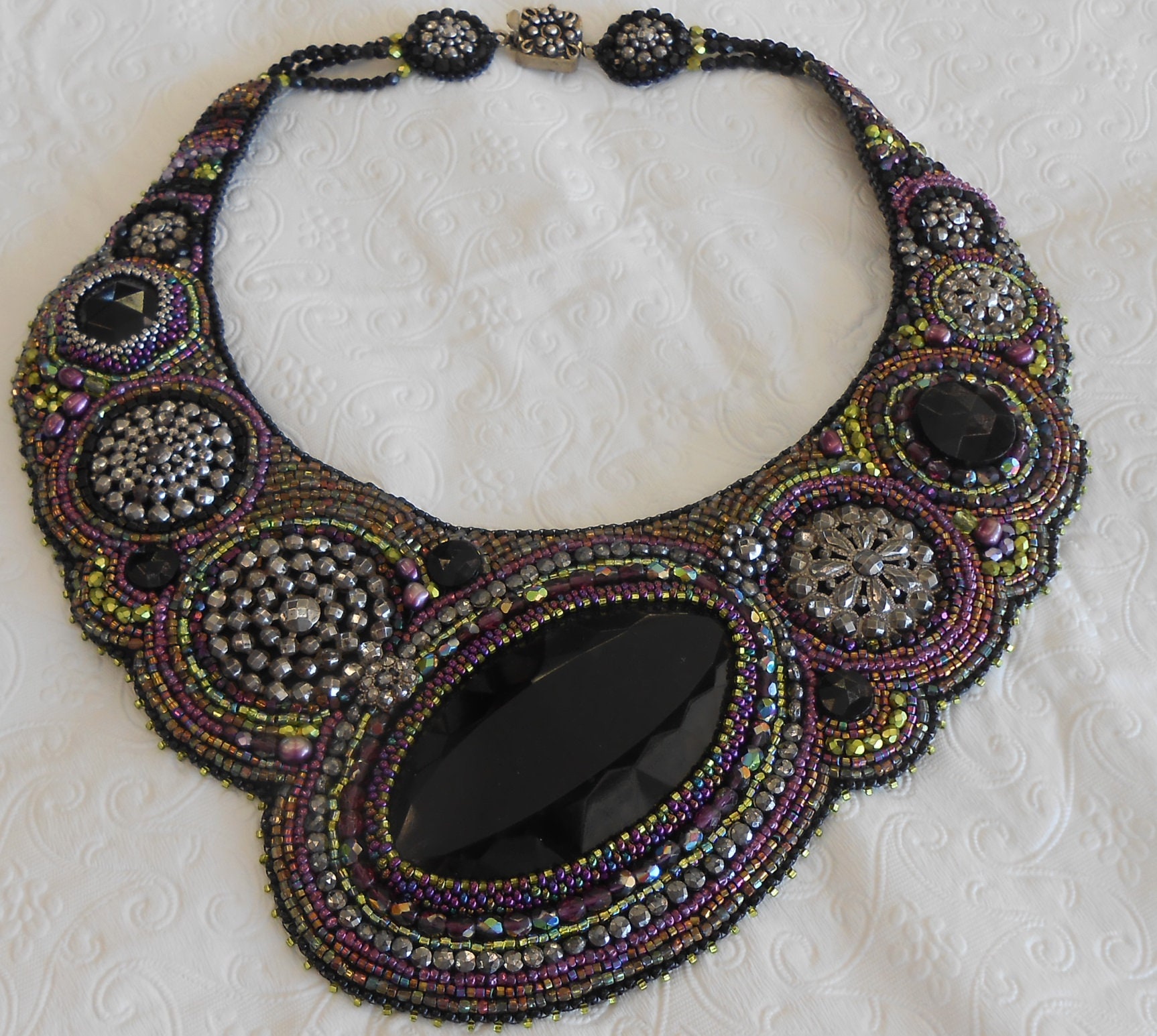 Beaded Black Glass and Antique Steel Buttons Collar - Etsy Canada
