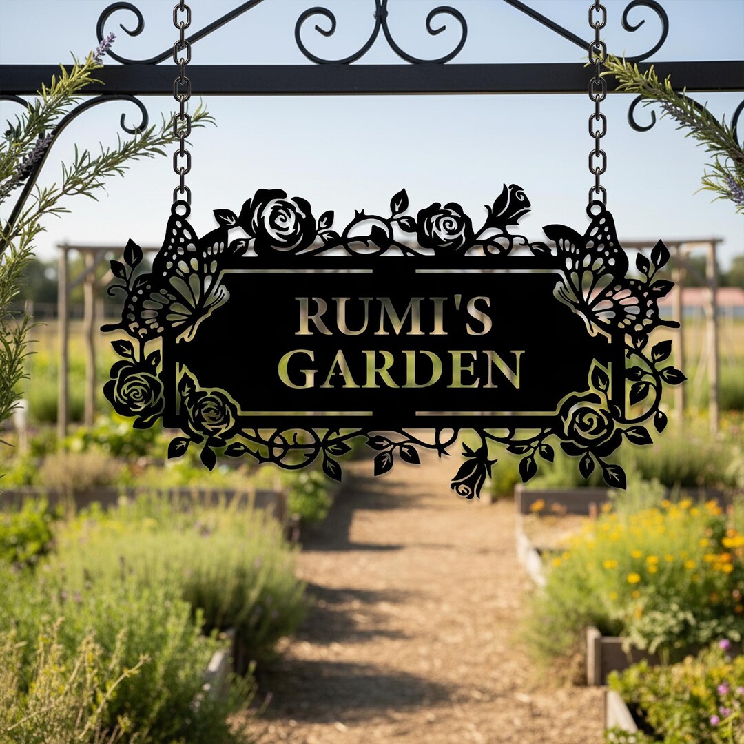 Custom Garden Metal Hanging Sign, Personalized Rose Butterfly Decor ...