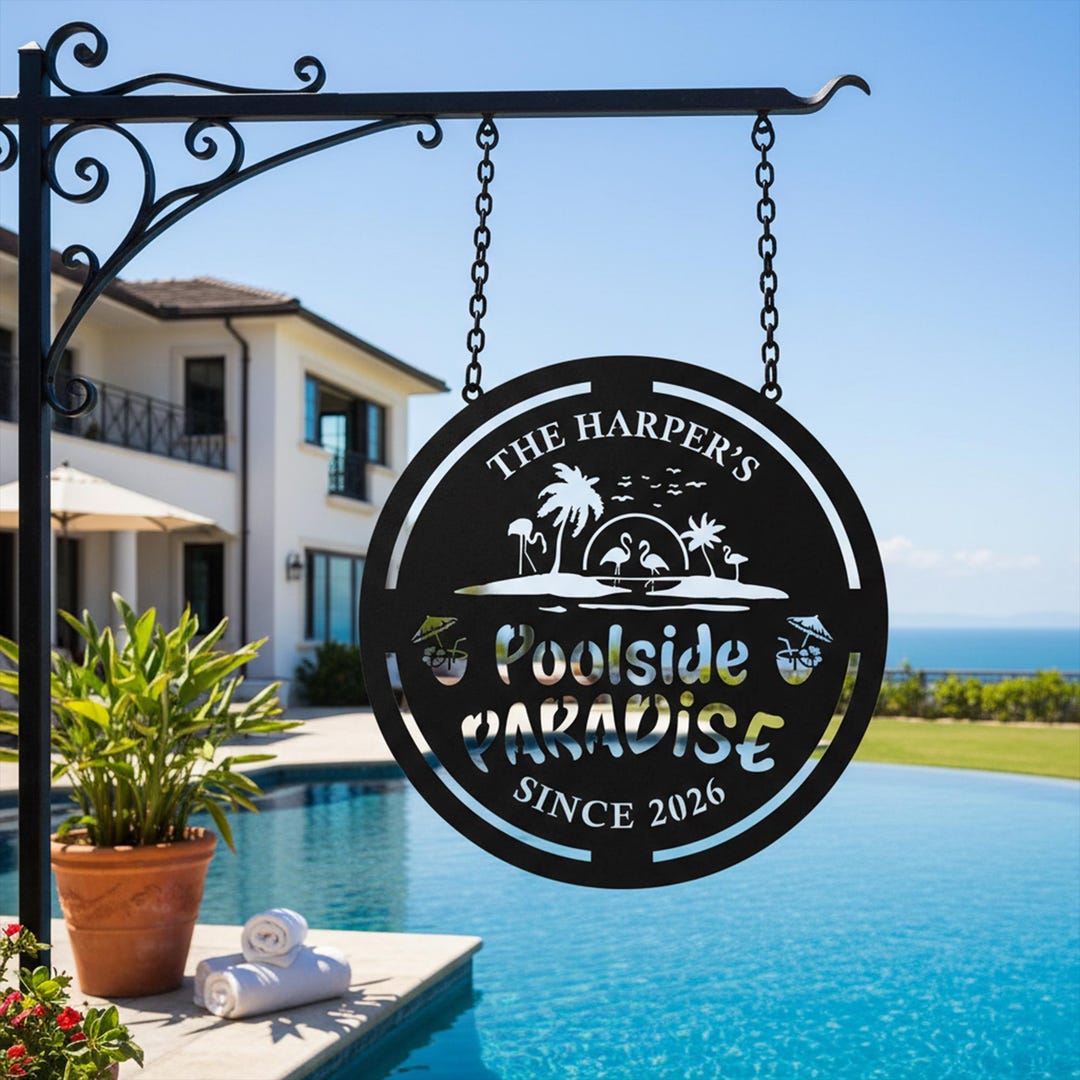 Custom Poolside Oasis Metal Sign, Personalized Family Name Decor ...