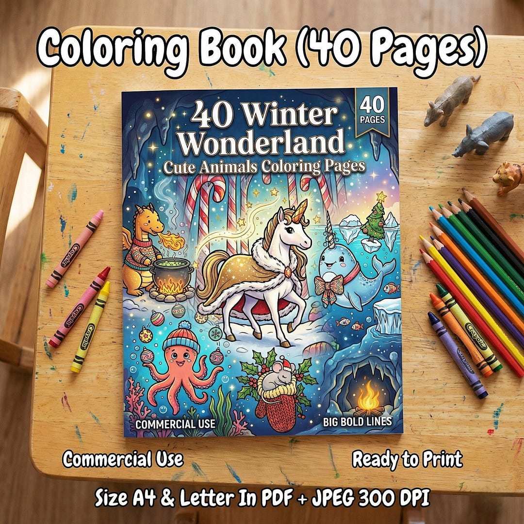 40 Winter Animals Coloring Pages, Cute Christmas Coloring Book, Hygge ...