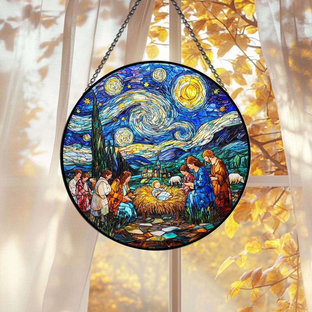 Nativity Scene Suncatcher, Starry Night Stained Glass Window Hanging ...