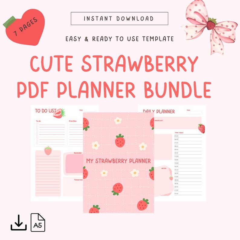 Strawberry Planner Bundle A5 | Kawaii Pink Journal (PDF Printable) - Etsy
