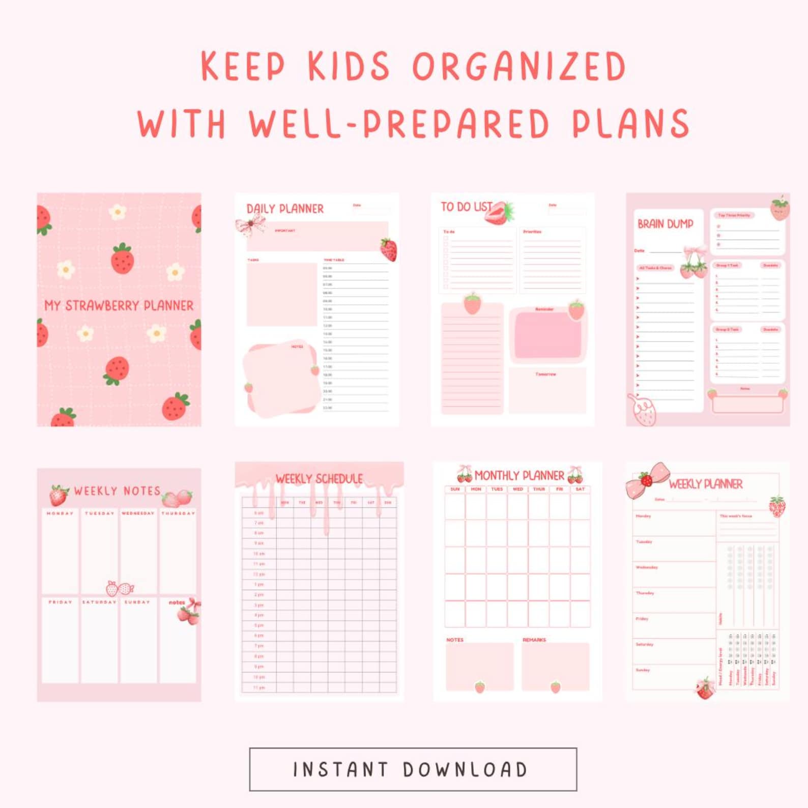 Strawberry Planner Bundle A5 | Kawaii Pink Journal (PDF Printable) - Etsy