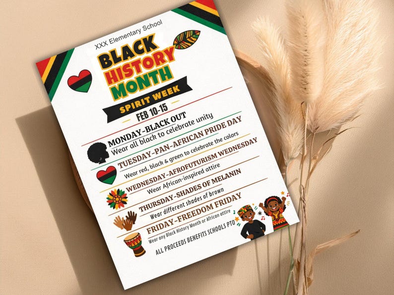 Black History Month Spirit Week Flyer | School February Dress up Days ...