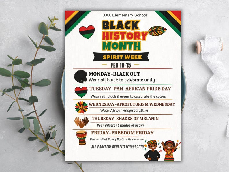 Black History Month Spirit Week Flyer | School February Dress up Days ...