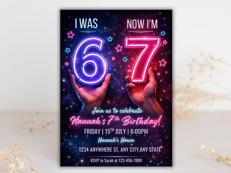 Six Seven Birthday Invitation, Viral Meme Neon Glow Party (digital ...