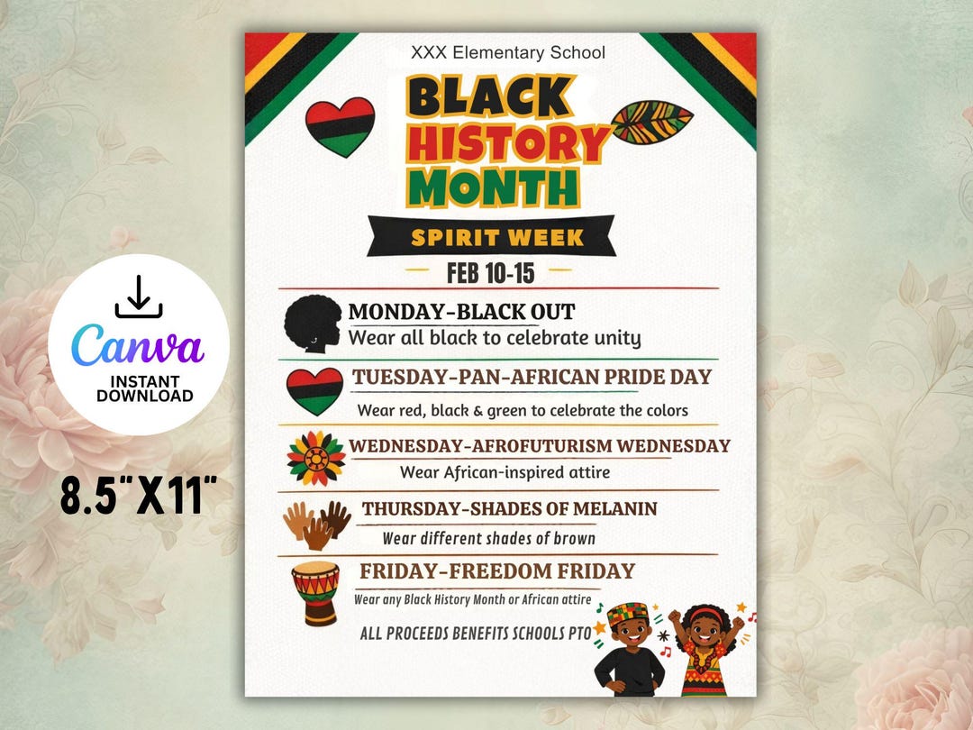 Black History Month Spirit Week Flyer | School February Dress up Days ...