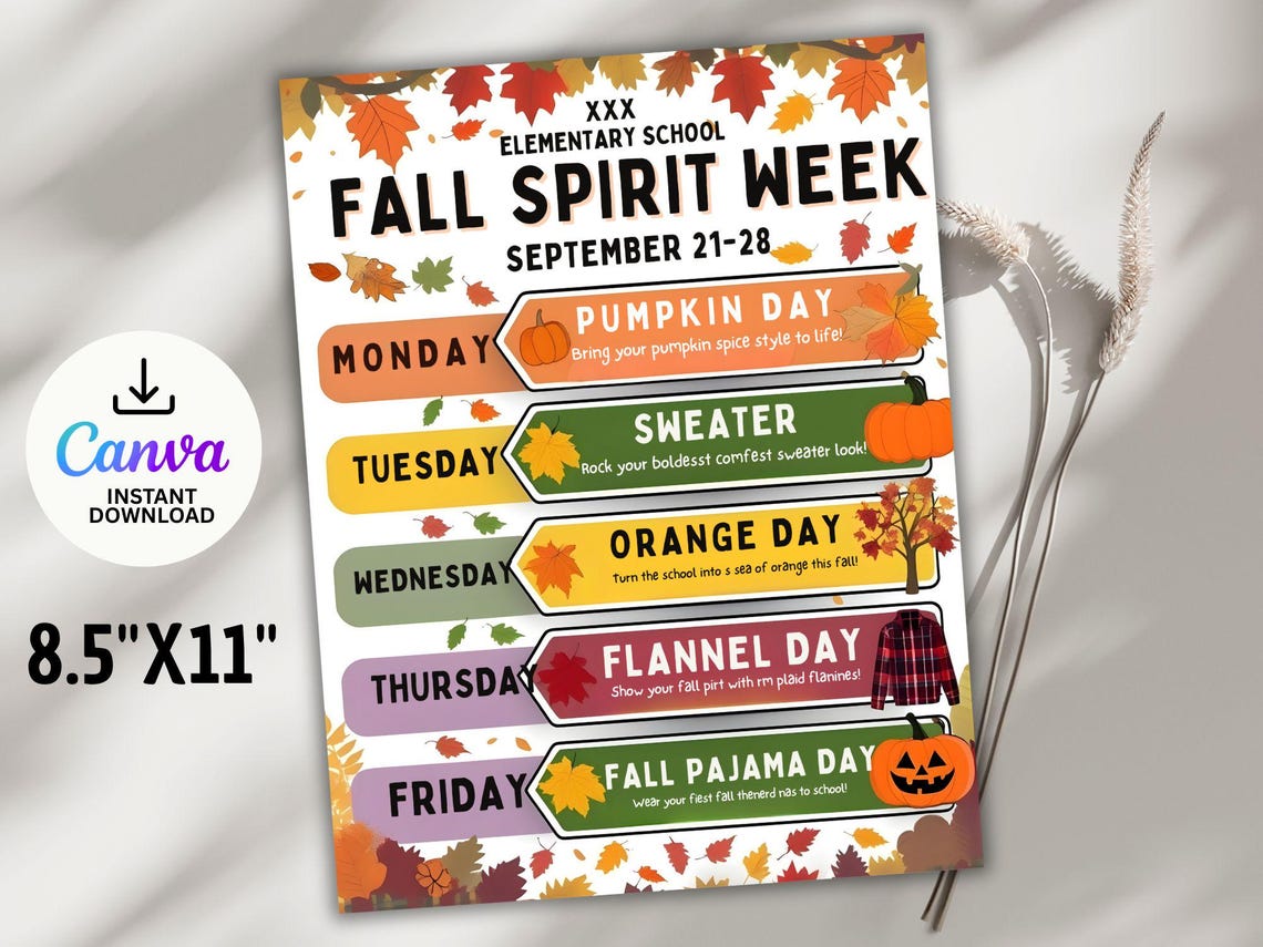 Editable Fall School Spirit Week Flyer: Canva Template (digital ...