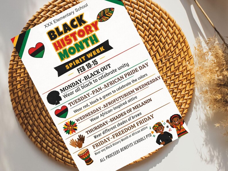 Black History Month Spirit Week Flyer | School February Dress up Days ...