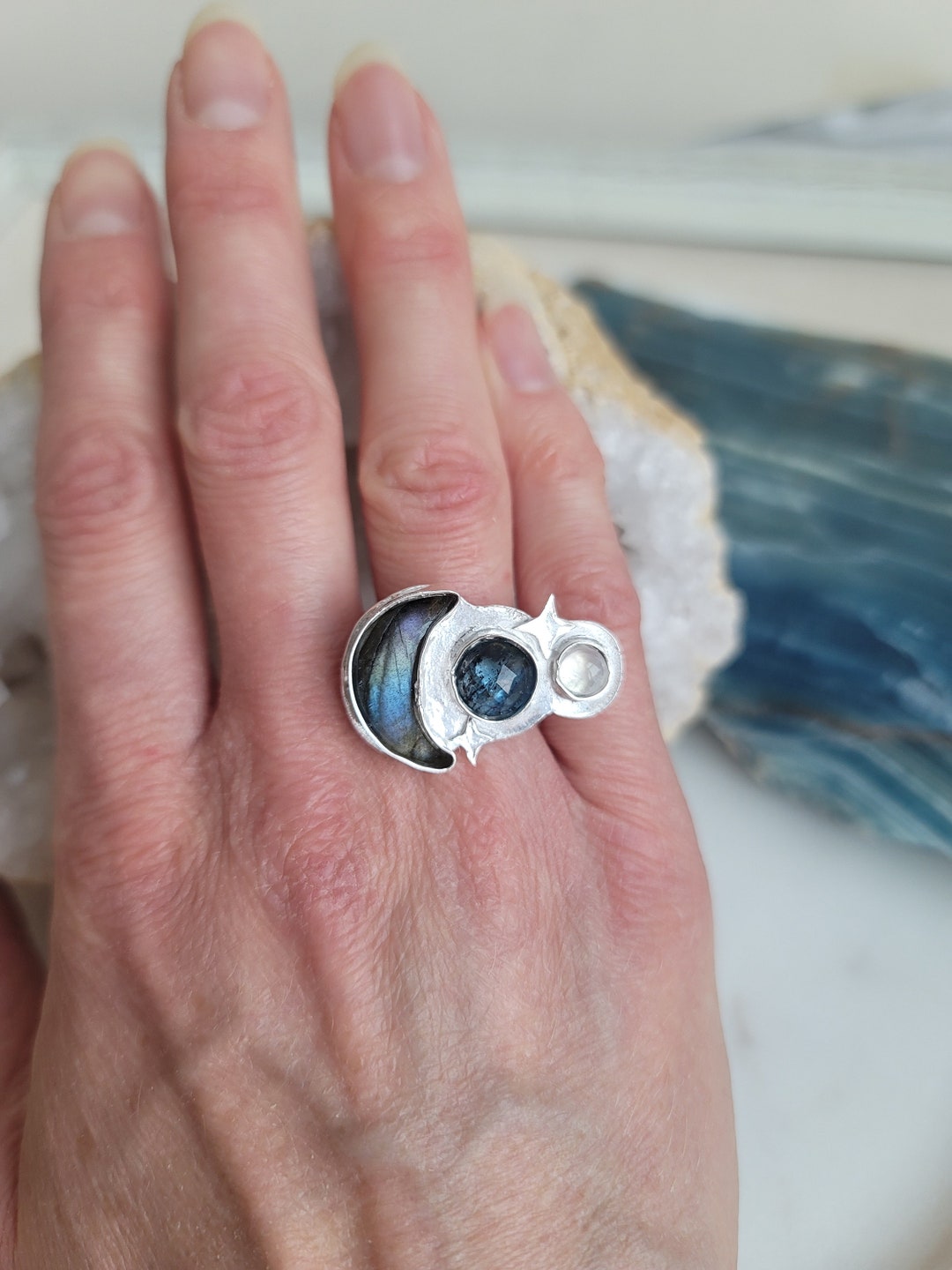MAHINA - Triple Moon Goddess Ring (or Pendant) - Labradorite Crescent ...