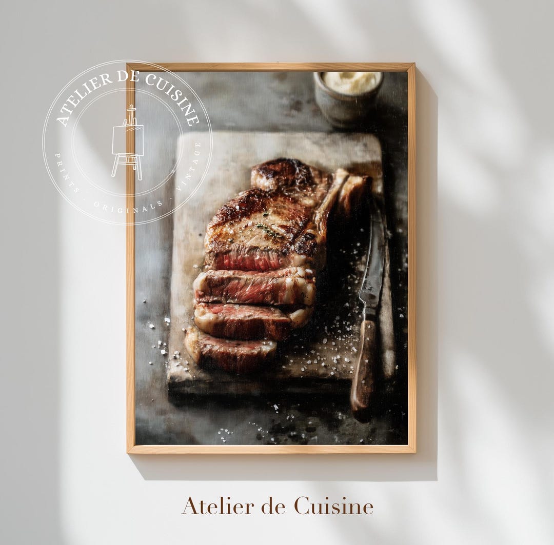 Steak Oil Painting Print: Rustic Meat Kitchen Wall Art, Butcher Shop ...