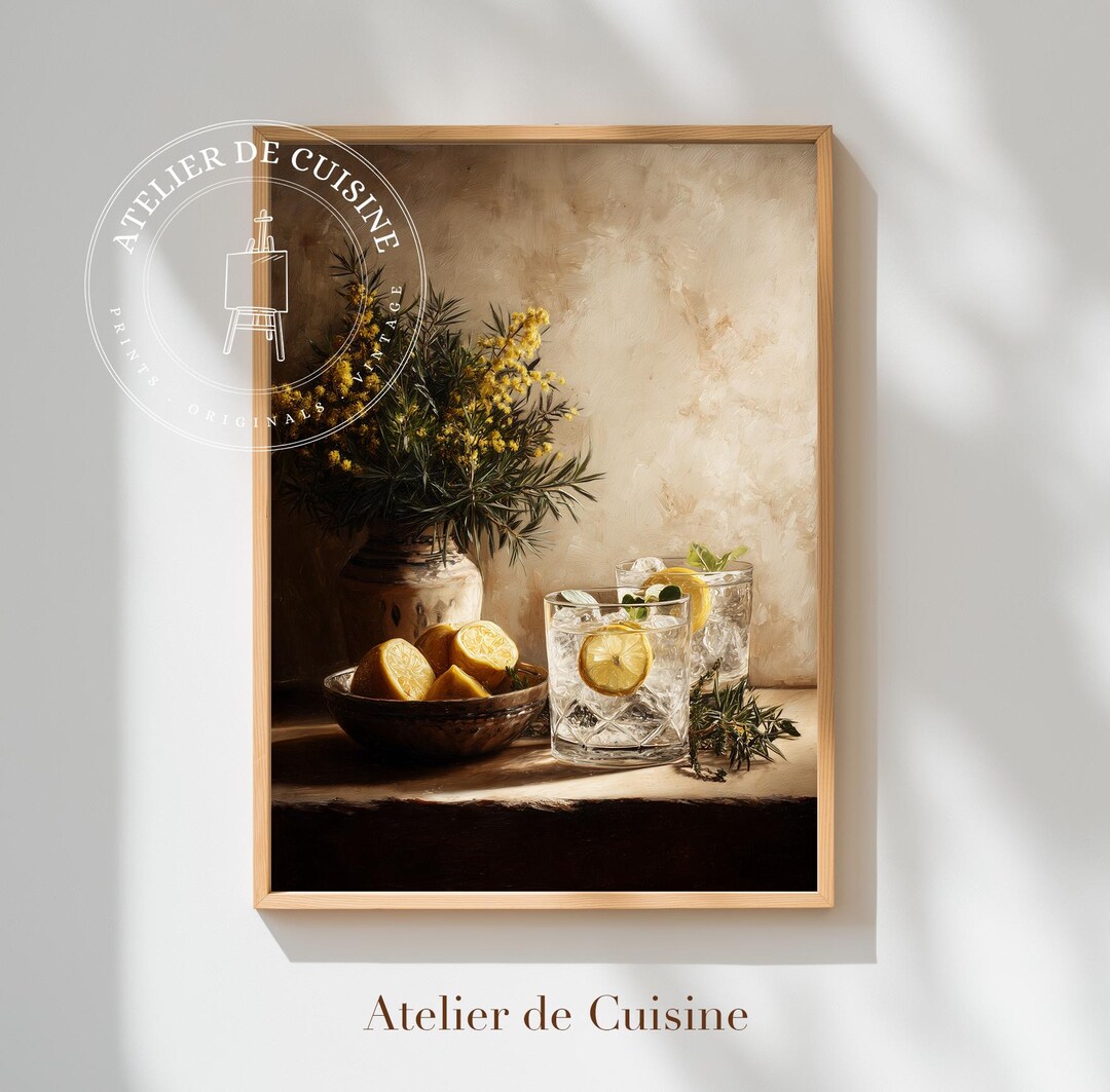 Lemon Gin Still Life Painting: Rustic Bar Art Print (digital Download ...