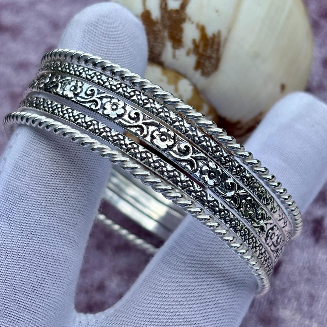 Sterling Silver Flower Bangle Set: Twisted Stacking Jewelry - Etsy ...
