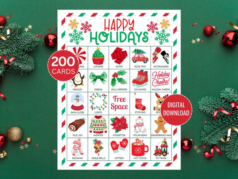 Happy Holidays Bingo, 200 Printable Bingo Cards, Winter Holiday Party ...