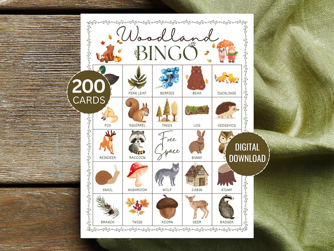 Woodland Bingo, 200 Printable Bingo Cards, Woodland Creatures Game ...