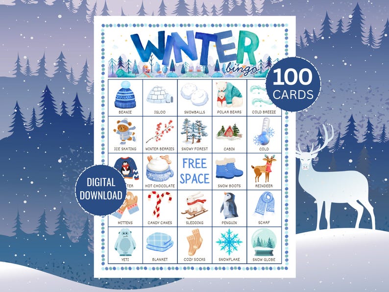 Winter Bingo, 100 Winter Bingo Cards for December, January, February ...